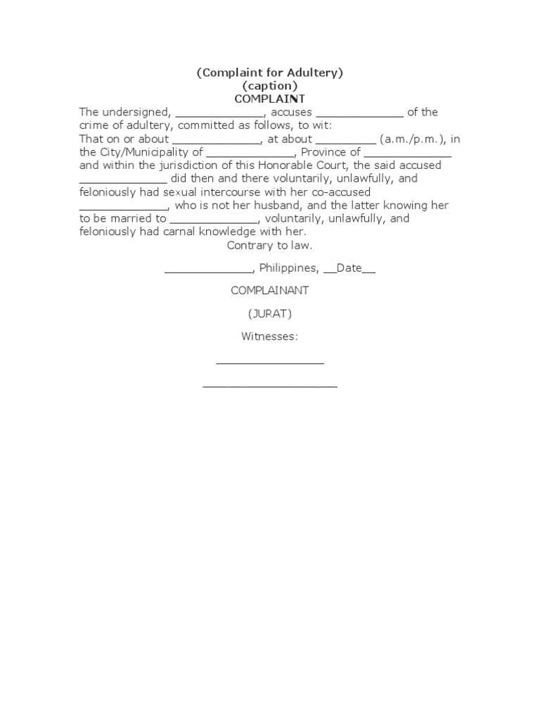(Complaint For Adultery) (Caption) Complaint | PDF
