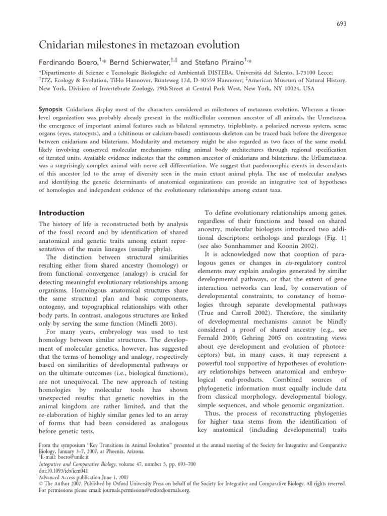 Cnidarian Milestones in Metazoan Evolution: Ferdinando Boero, Bernd ...