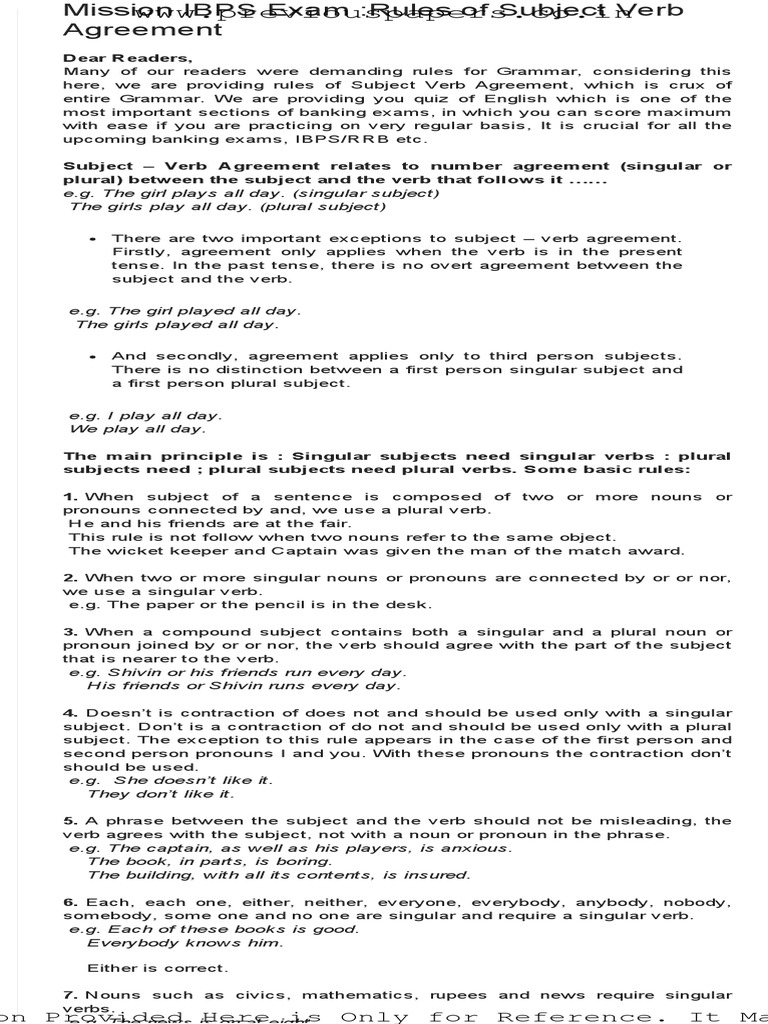 Rules of Subject Verb Agreement | PDF | Grammatical Number | Subject ...