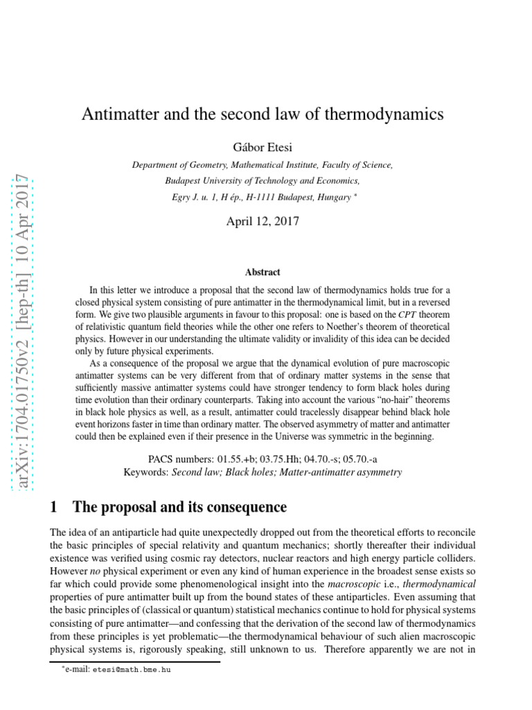Antimatter and The Second Law of Thermodynamics 1704.01750 | PDF ...