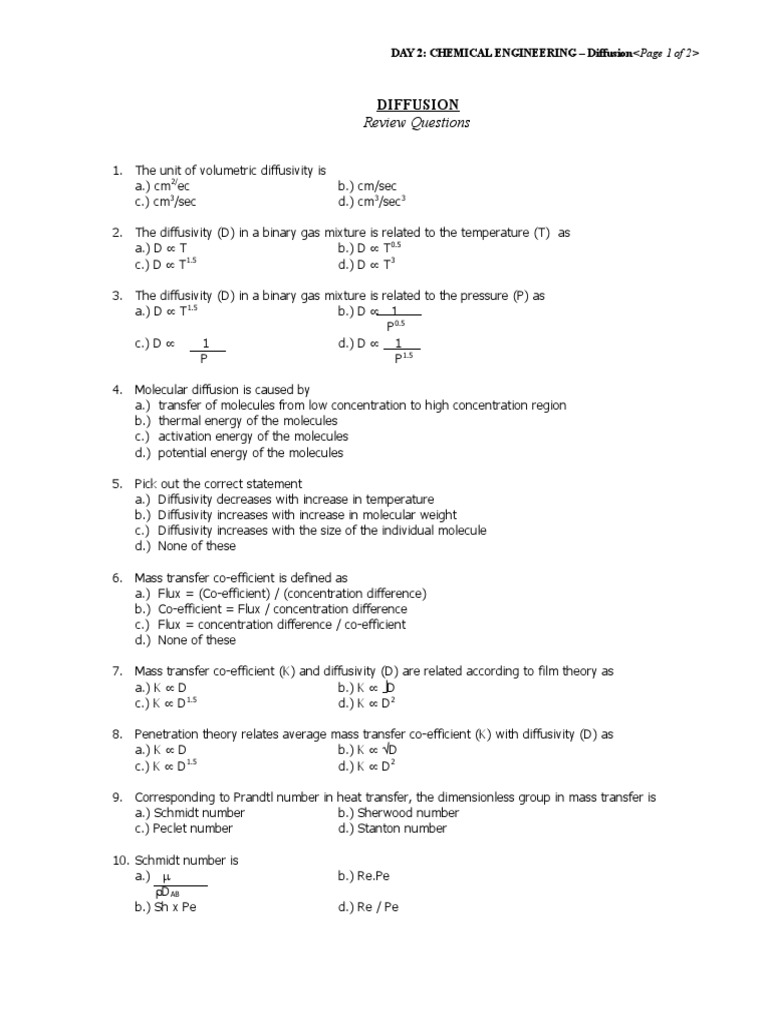 Review Questions: Diffusion | PDF | Diffusion | Mass Transfer