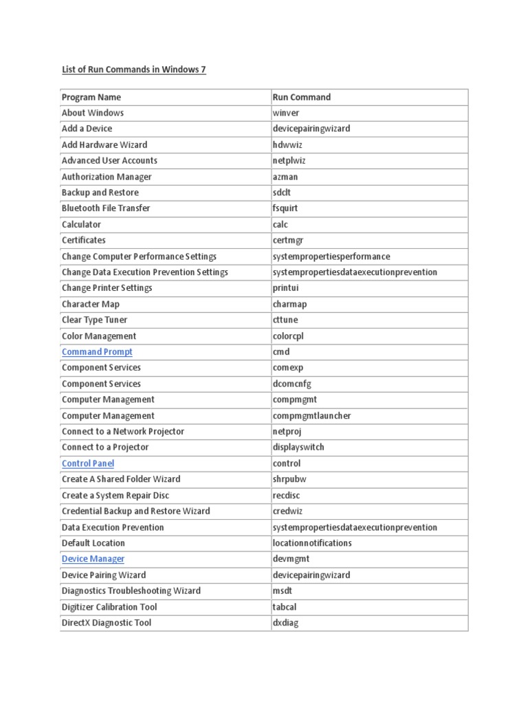 List of Run Commands in Windows 7 Program Name Run Command | PDF | Microsoft Windows | Windows ...