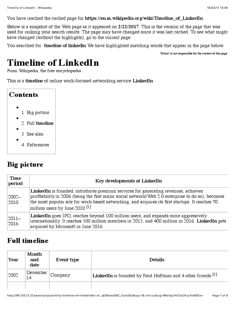 Timeline of LinkedIn - Wikipedia | Download Free PDF | Linked In | Websites