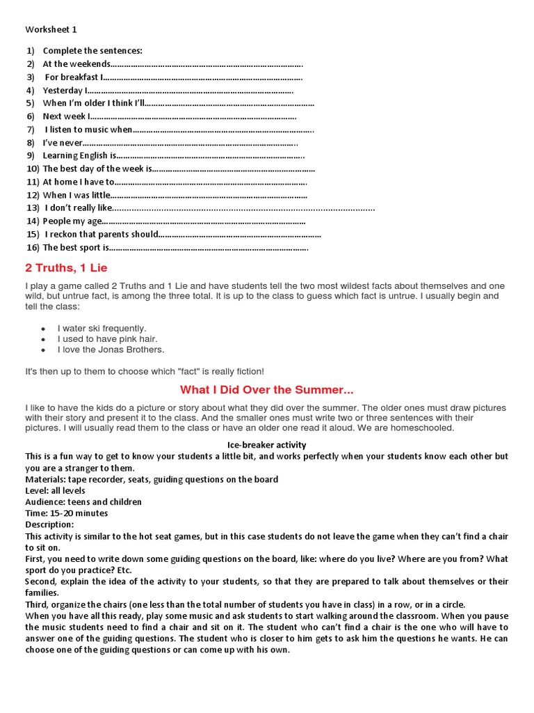 2 Truths, 1 Lie: Ice-Breaker Activity | PDF | Classroom