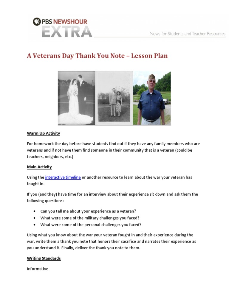 A Veterans Day Thank You Note - Lesson Plan: Warm Up Activity | PDF ...