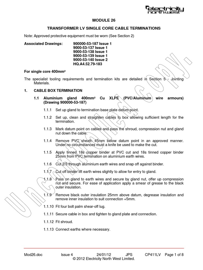 Transformer LV Single Core Cable Terminations | PDF | Cable | Insulator ...