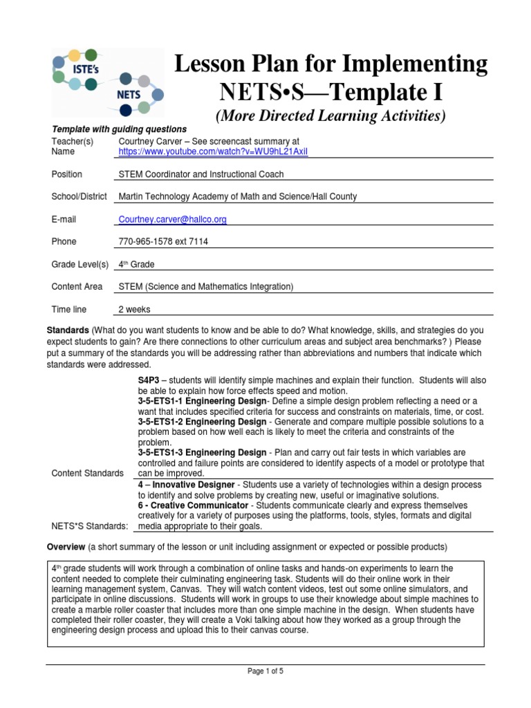 Lesson Plan For Implementing NETS - S-Template I: (More Directed ...