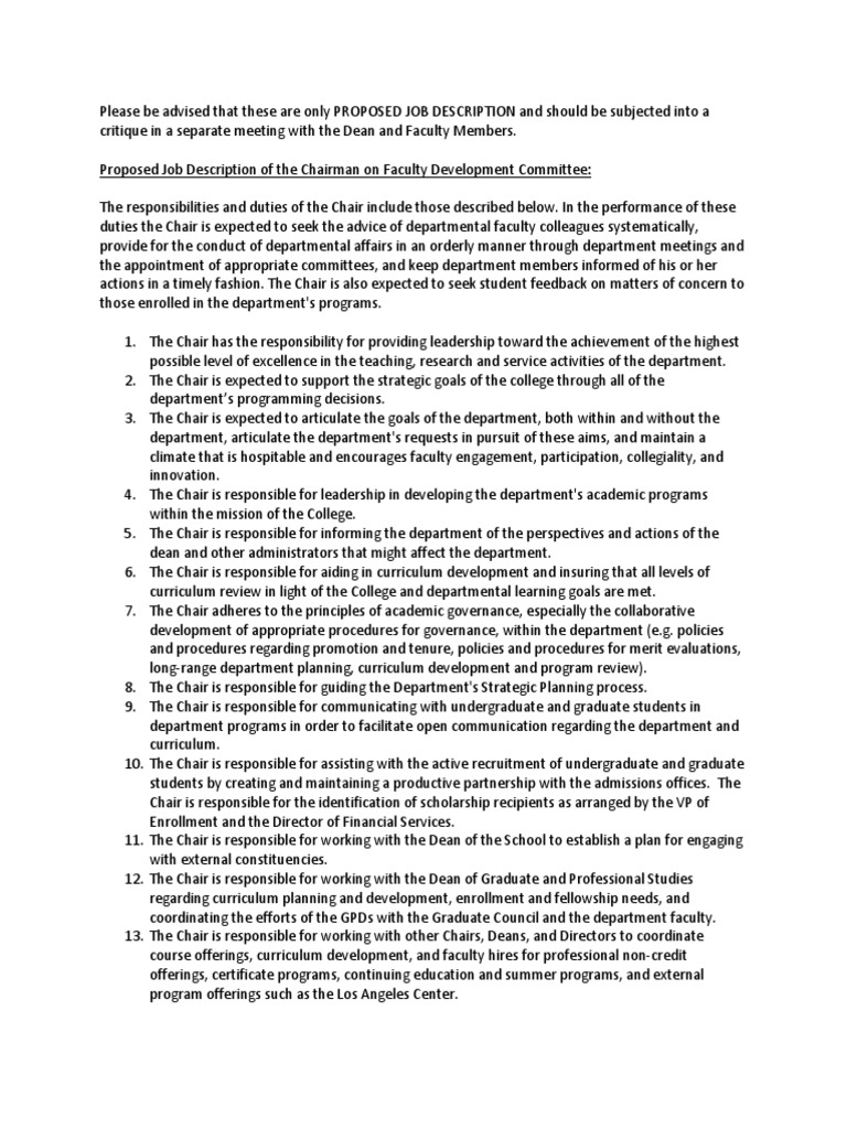 Duties and Responsibilities Chairman On Faculty Development Committee ...