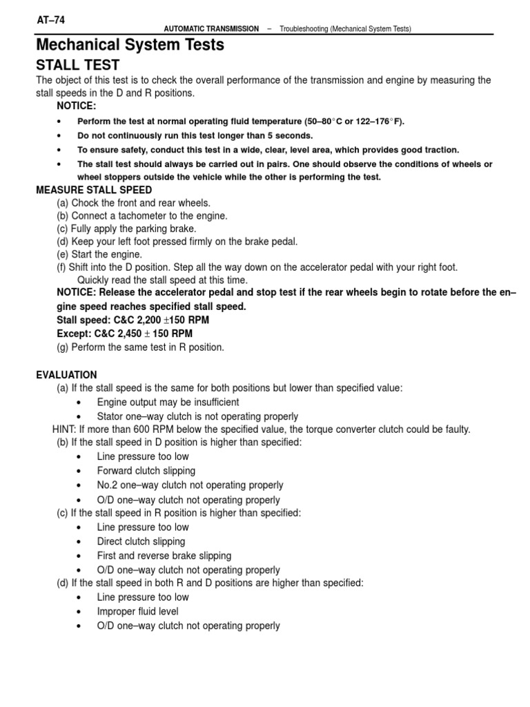 Mechanical System Tests: Stall Test | PDF | Automatic Transmission ...