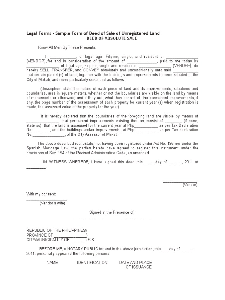 Legal Forms - Sample Form of Deed of Sale of Unregistered Land | PDF ...