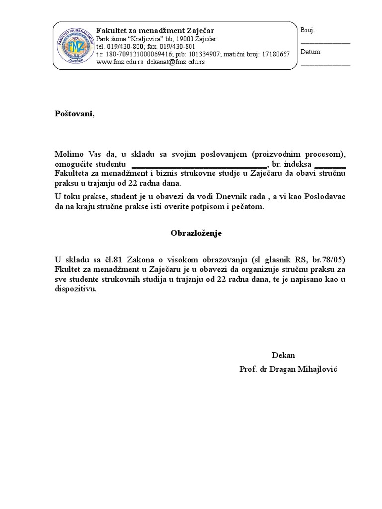 Uput Za Strucnu Praksu | PDF