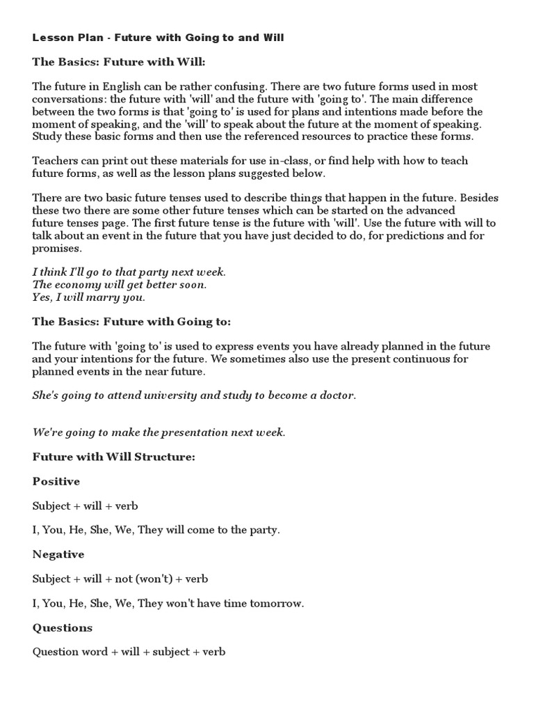 The Future. Will or Going To. | PDF | Lesson Plan | Grammatical Tense