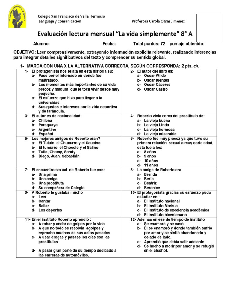 Evaluacion Libro La Vida Simplemente | PDF