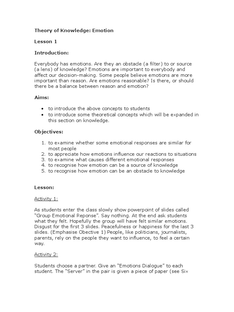 Lesson 1 Plan Emotions | PDF | Emotions | Epistemology