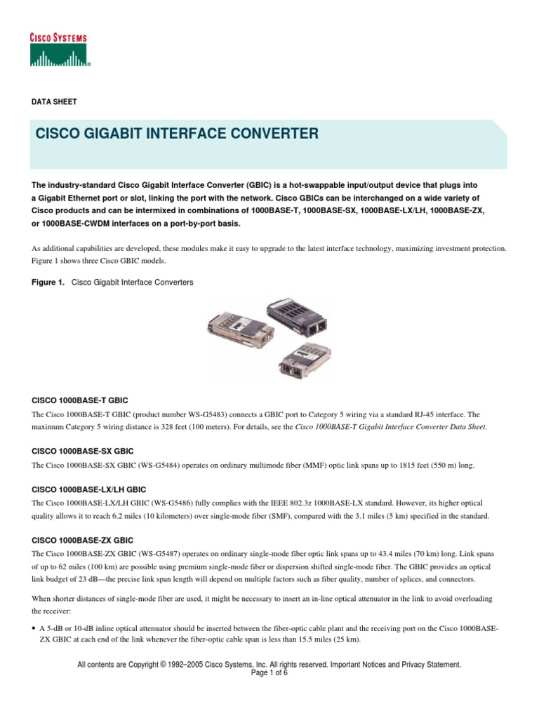 Cisco Gigabit Interface Converter: Data Sheet | PDF | Optical Fiber ...