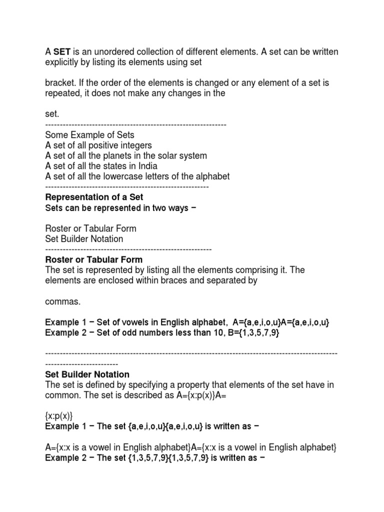 A Set Is An Unordered Collection Of Different Elements Docx Set Mathematics Empty Set