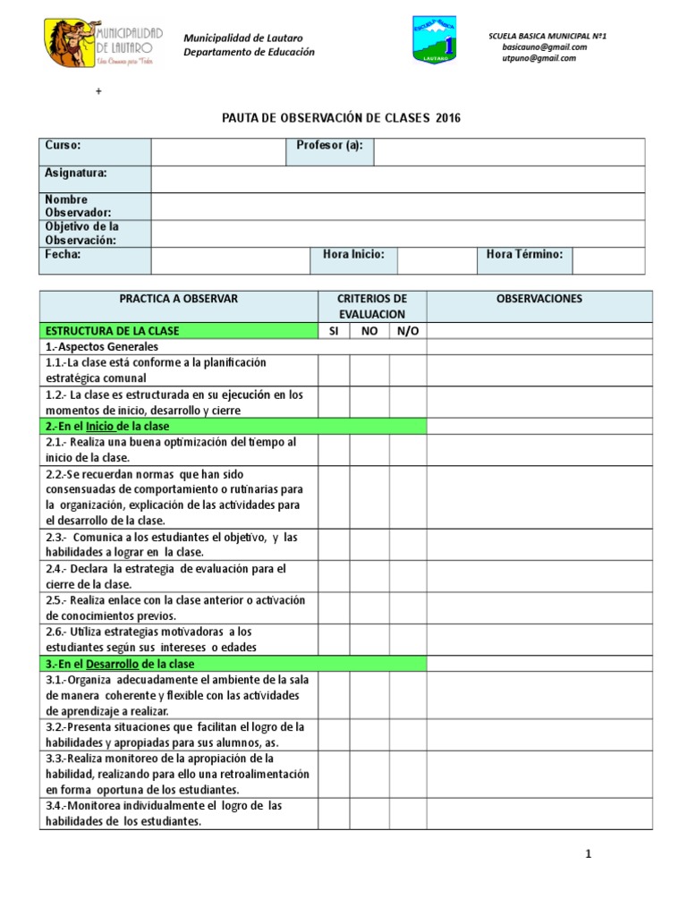 Pauta de Observacion de Clases 2016 | PDF | Maestros | Aparición