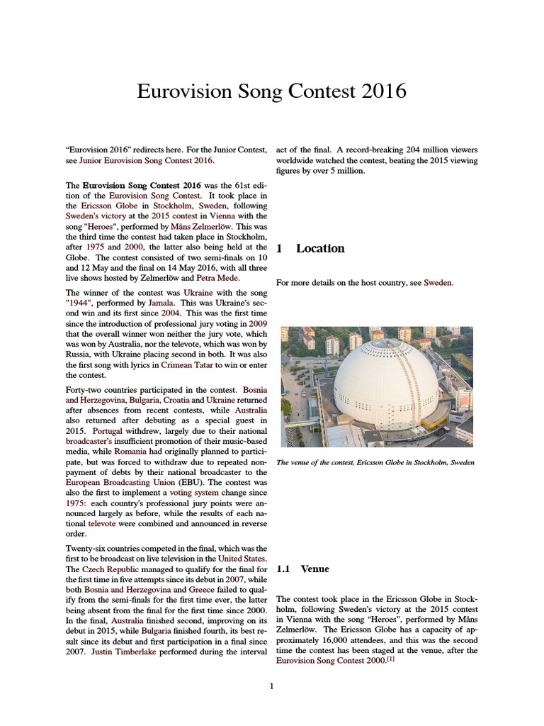 Eurovision Song Contest 2016 | PDF | European Music