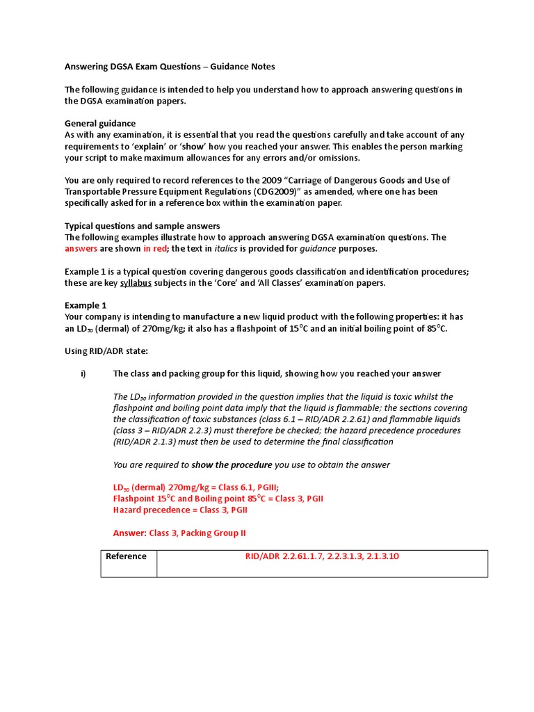 Sample Papers Guidance Notes Dangerous Goods Transport