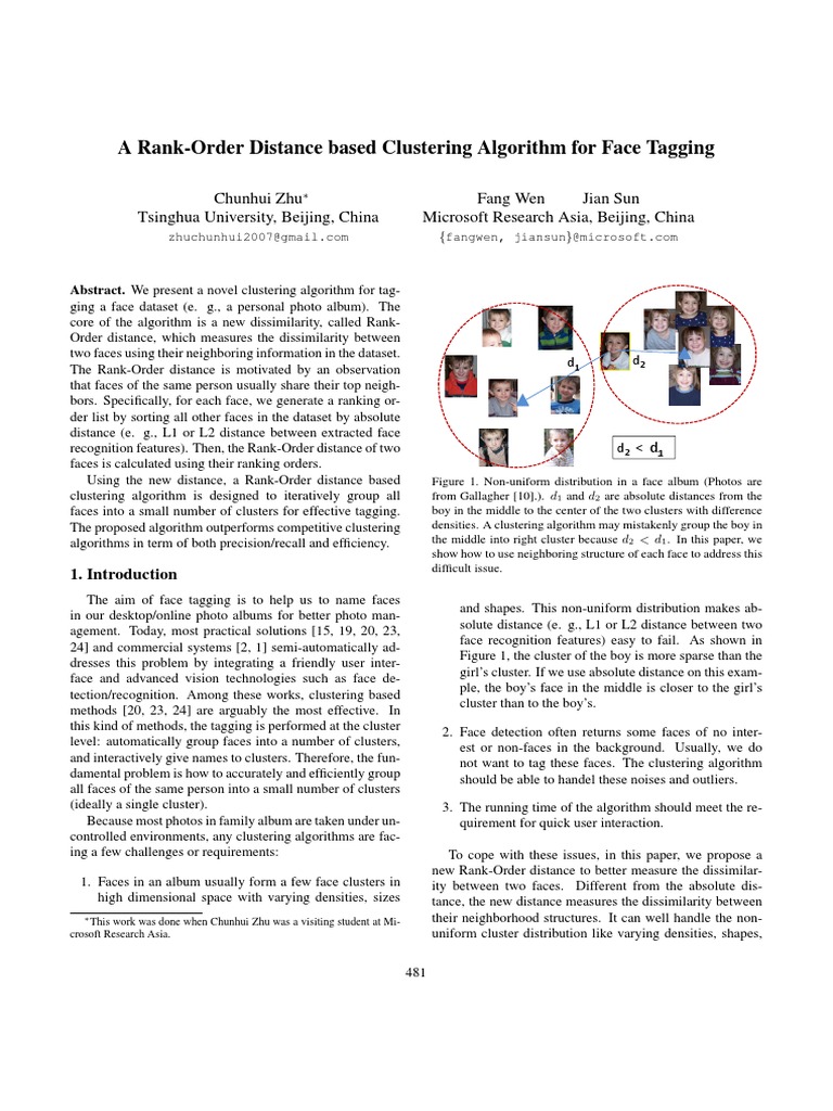 A Rank-Order Distance Based Clustering Algorithm For Face Tagging | PDF | Cluster Analysis ...