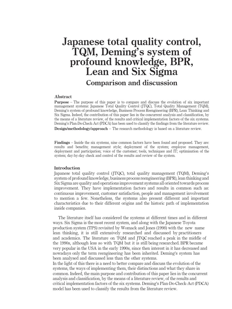 Japanese Total Quality Control, TQM, Deming's System of Profound ...