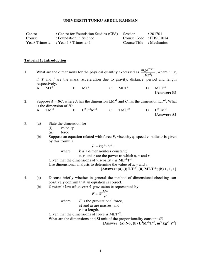 Mechanics Tutorial 1 | PDF | Coordinate System | Quantity