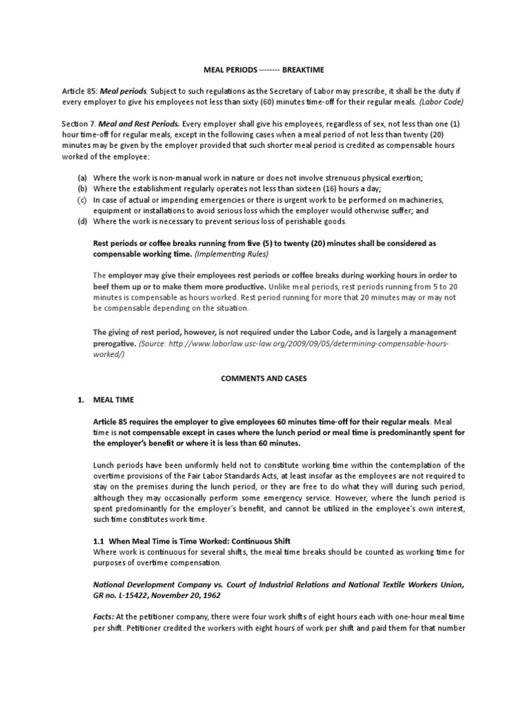 Meal Periods | PDF | Working Time | Overtime