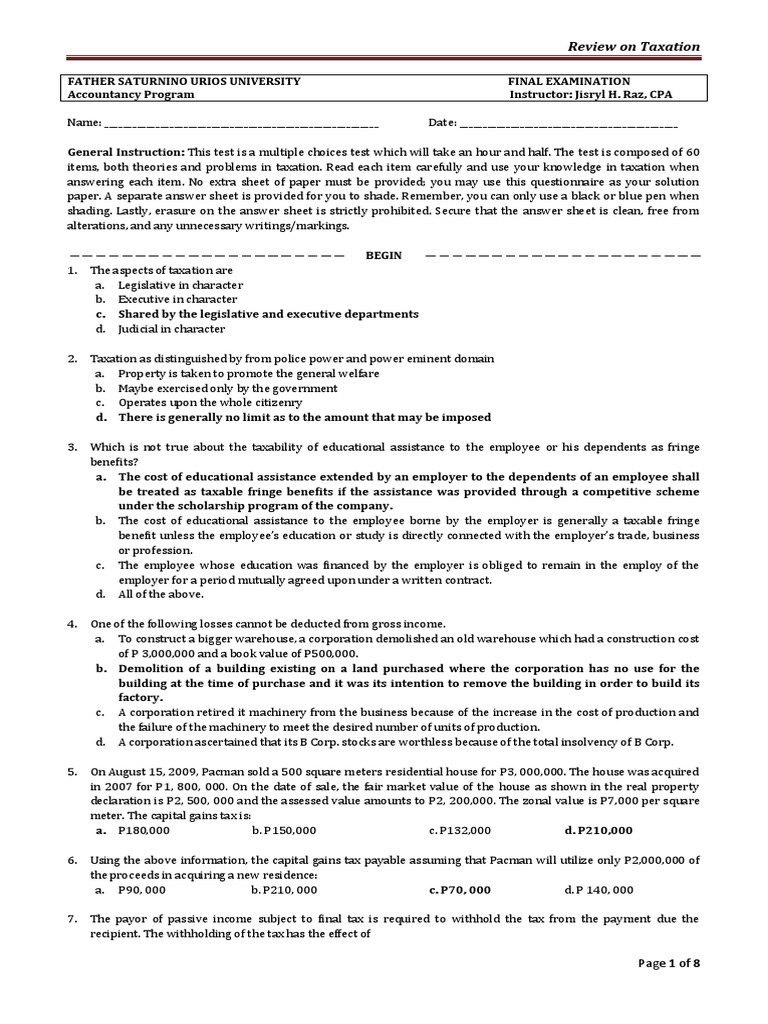 Tax Review - Finals | PDF | Capital Gains Tax | Taxpayer