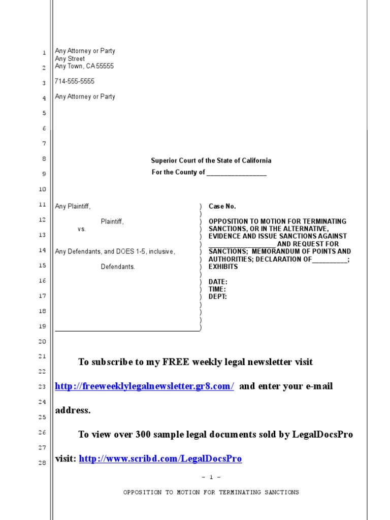 Sample Opposition To Motion For Terminating Sanctions in California ...