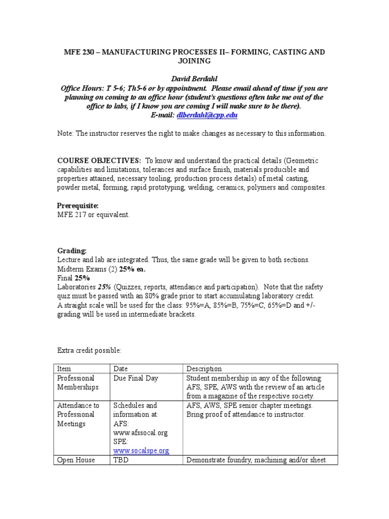 MFE230 - S17 Syllabus | PDF | Textbook | Foundry