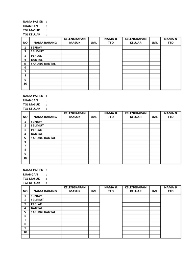Format Daftar Ceklis Barang Ruang Ri | PDF