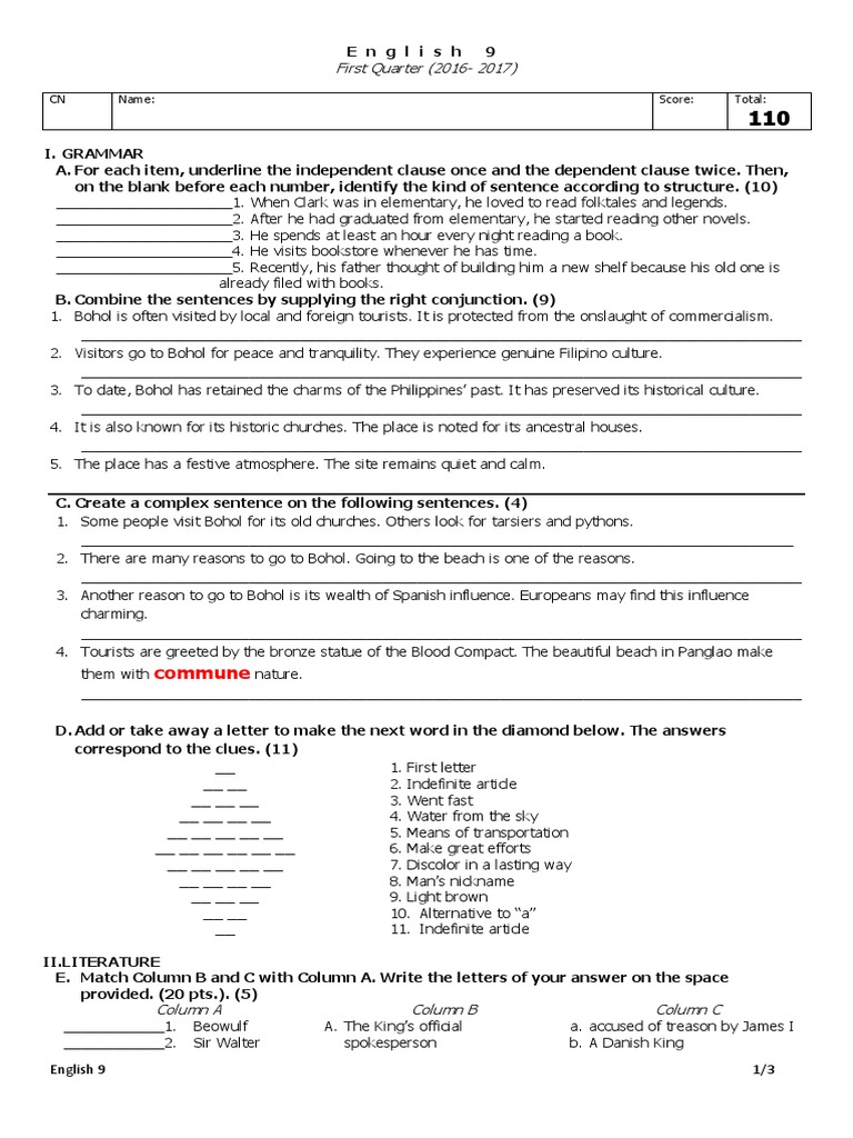 English 9 First Quarter Exam | PDF | Sonnets | Beowulf