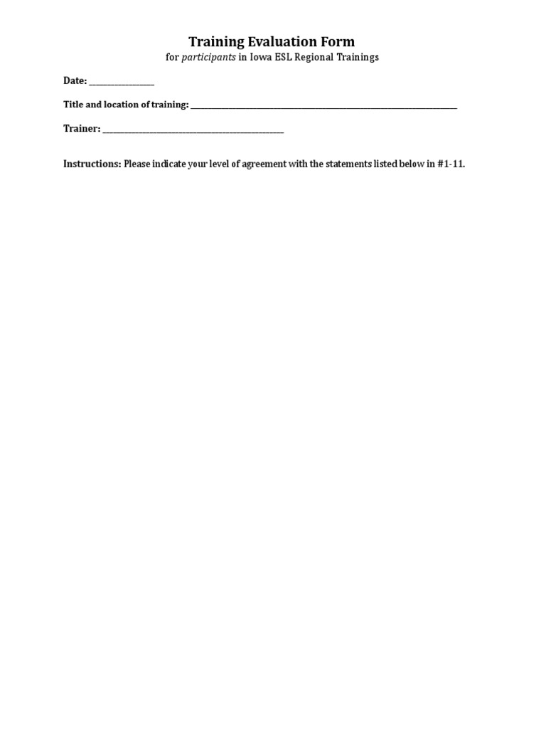 Training Evaluation Form: For Participants in Iowa ESL Regional Trainings | Download Free PDF ...