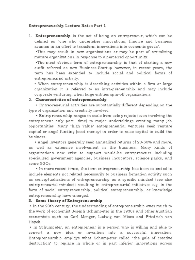 Entrepreneurship Lecture Notes Part 1 | PDF | Austrian School ...