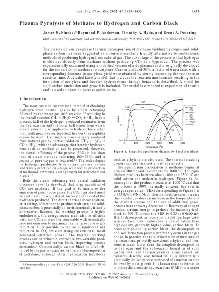Plasma Pyrolysis of Methane To Hydrogen and Carbon Black | PDF ...