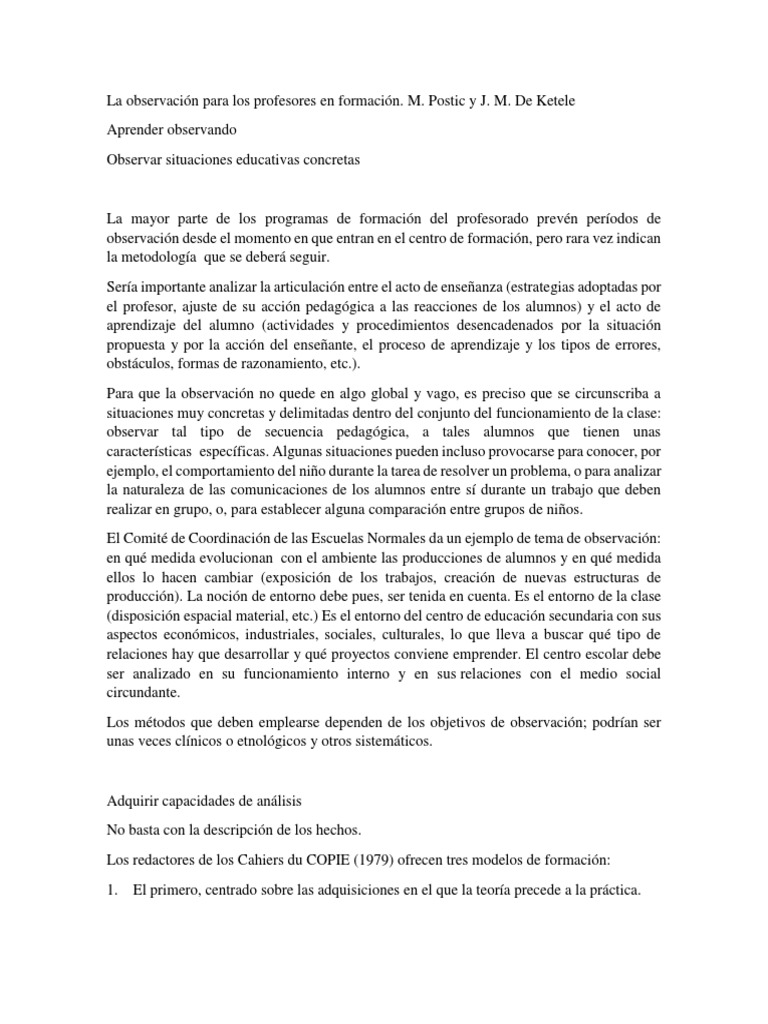 La Observación para Los Profesores en Formación. M. Postic y J. M. de ...