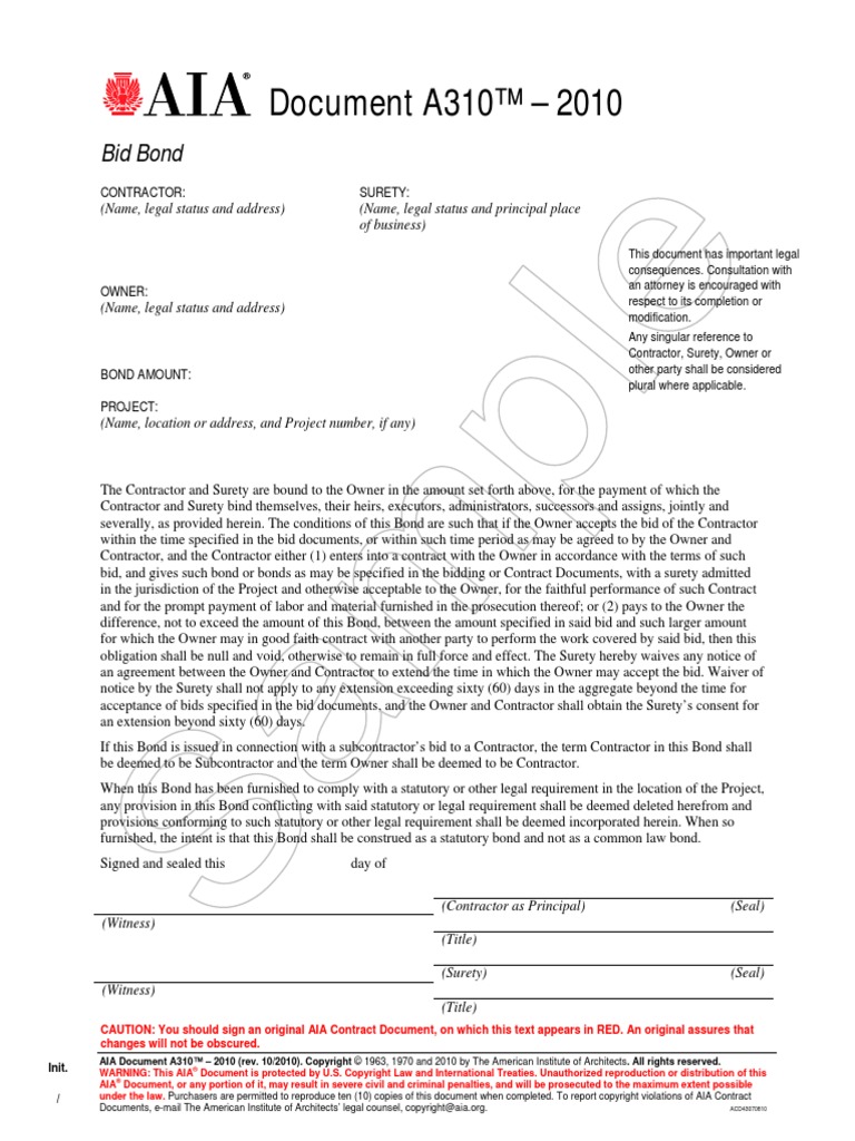 AIA A310 2010 Free Sample Preview | PDF | Surety Bond | General Contractor