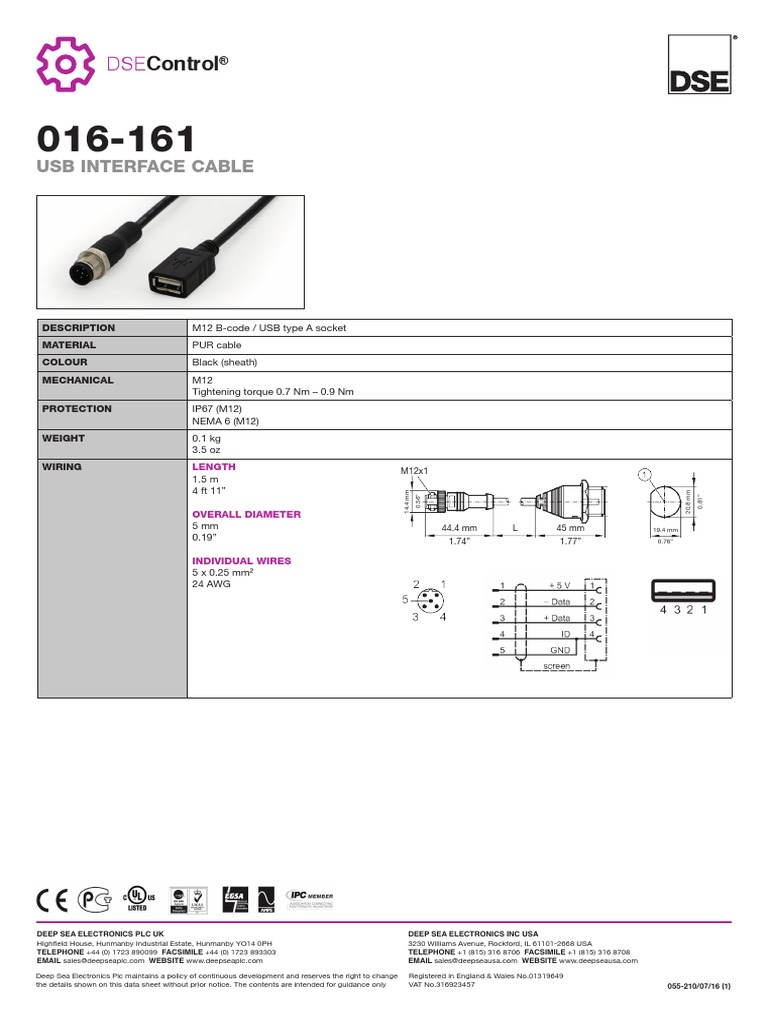 USB Interface Cable Data Sheet | PDF | Wire | Electronics