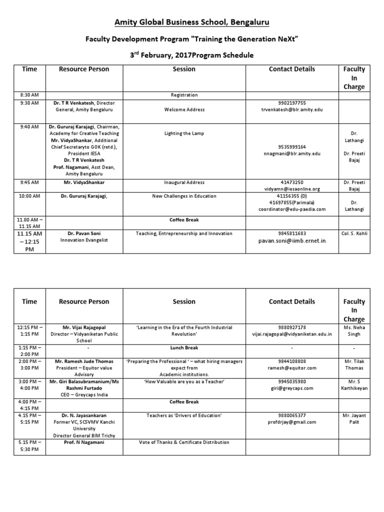 FDP 2017 Program Schedule With Faculty In-Charge | PDF | Business ...