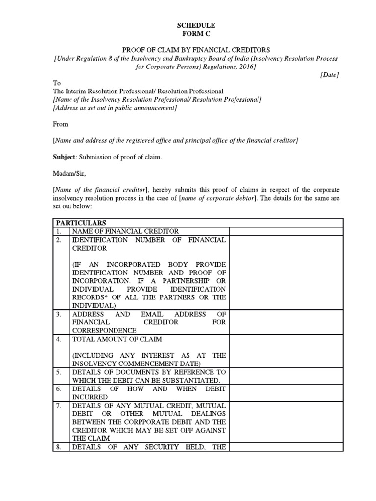 Form C - Proof of Claim by Financial Creditors | PDF
