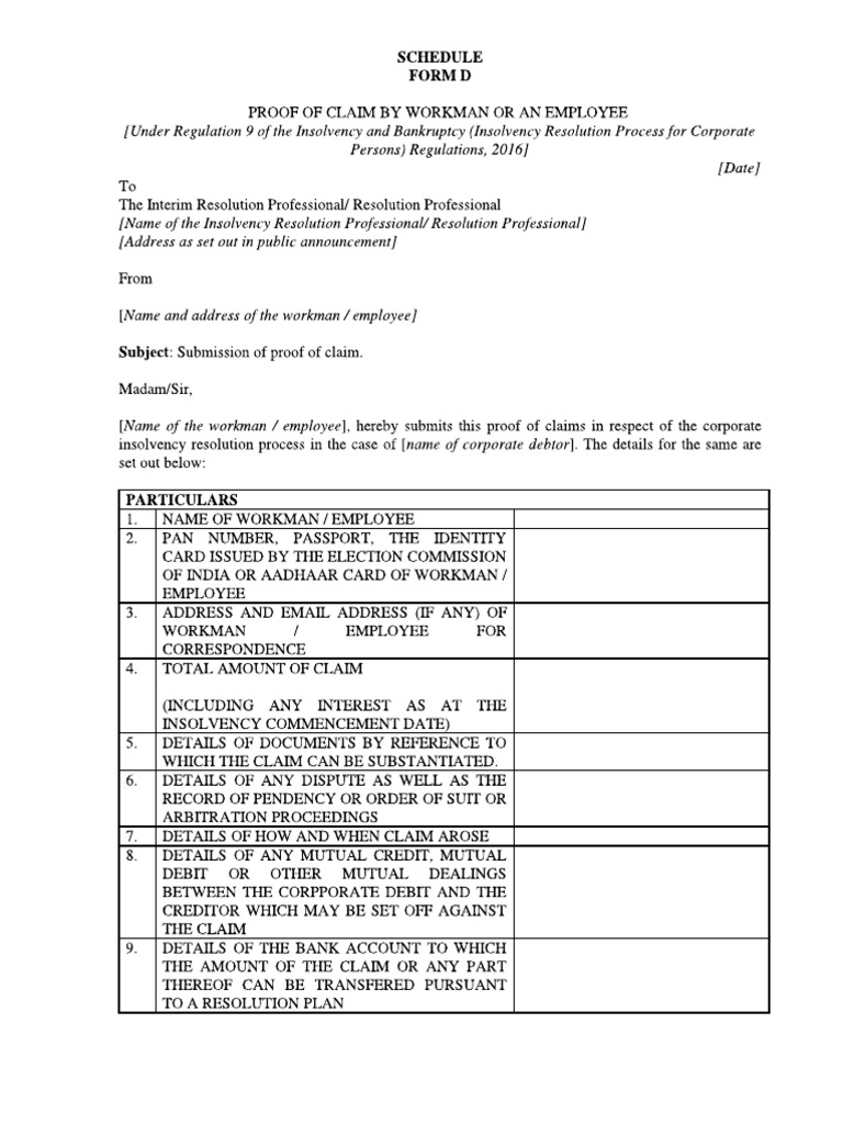 Form D - Proof of Claim by A Workman or An Employee | PDF