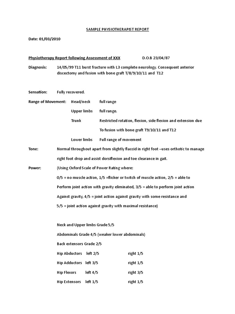 Physiotherapy Assessment Report Sample | PDF | Anatomical Terms Of ...