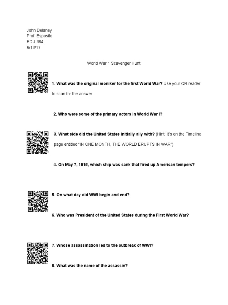 WWI Scavenger Hunt Guide | PDF | Politics | Travel