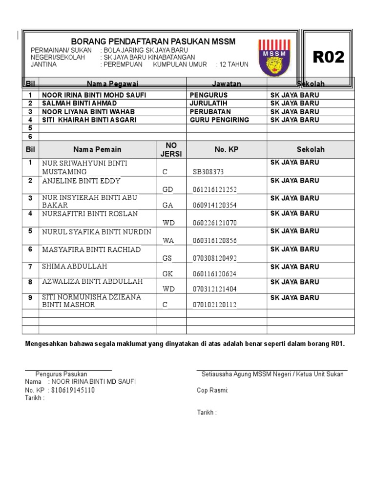 Borang-R02-Pendaftaran-Pasukan Bola Jaring 2017 | PDF