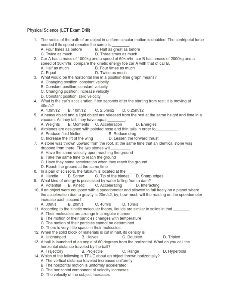 Physical Science (LET Exam Drill) | PDF | Acceleration | Velocity