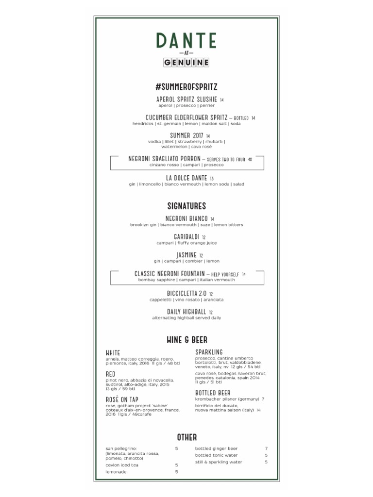 DANTE at GENUINE Menu | PDF