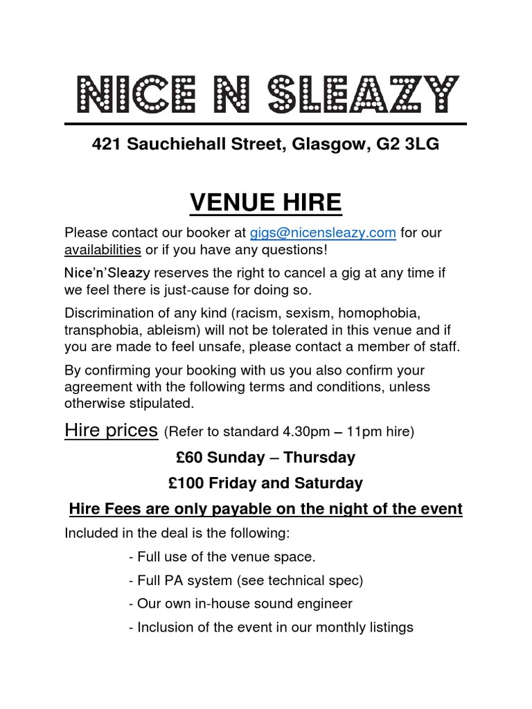 Venue Hire Information for Nice'n'Sleazy | PDF | Microphone | Sound ...