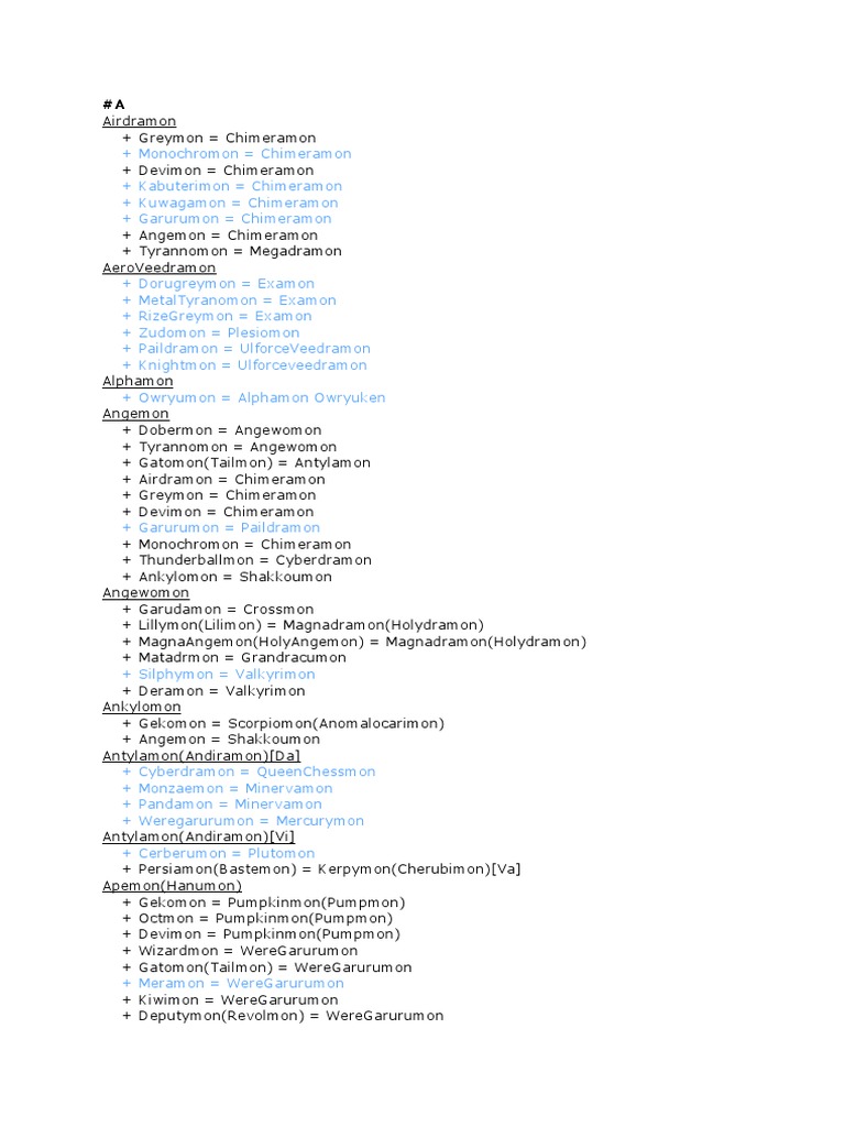 Digimon Fusion Combinations Guide | PDF