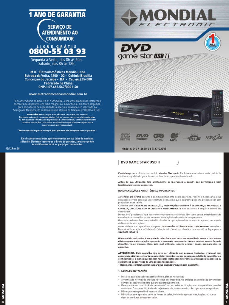 Manual de instruções e garantia para DVD game star USB II da Mondial ...