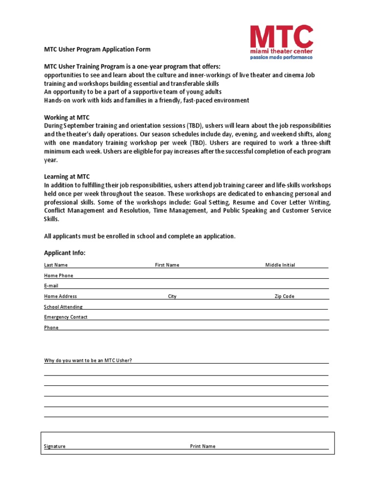 MTC Usher Application Form | PDF | Cognition